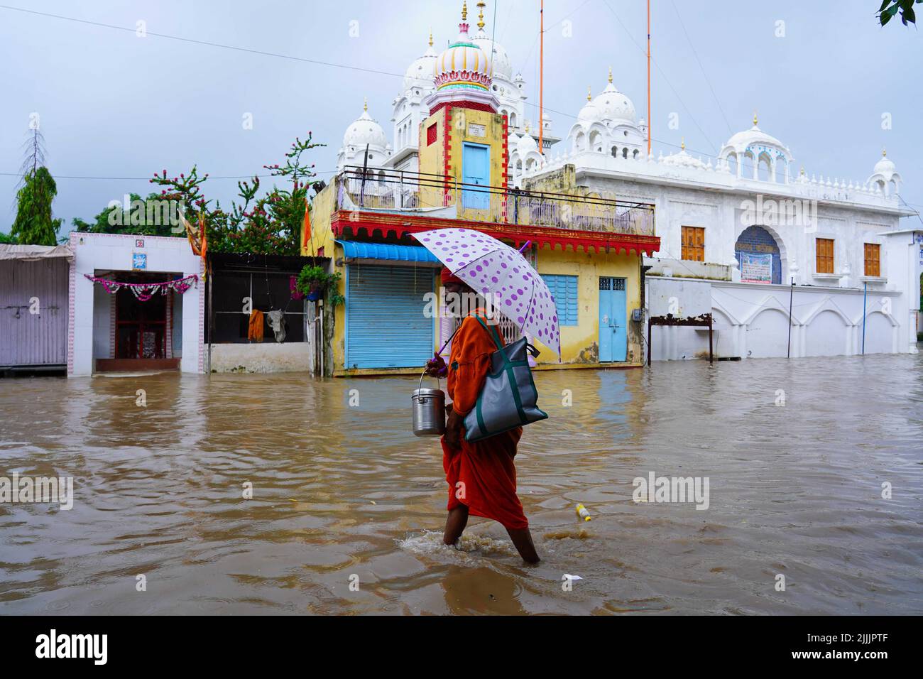 Pushkar, India, July 26, 2022. Flooded roads after heavy monsoon rains ...