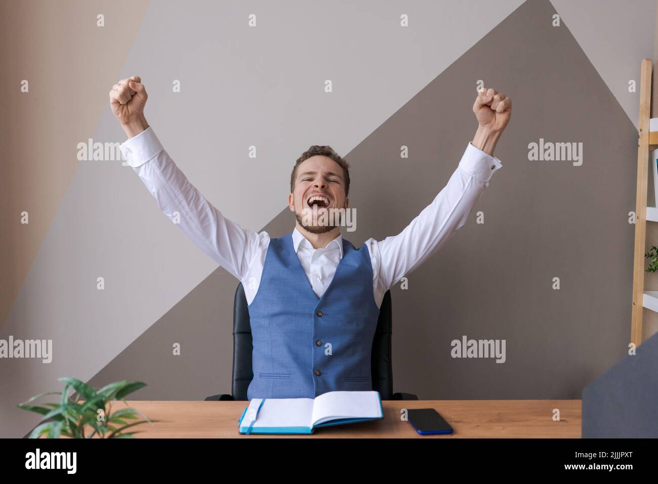 Happy businessman beard man in suit looking smiling excited with good ...