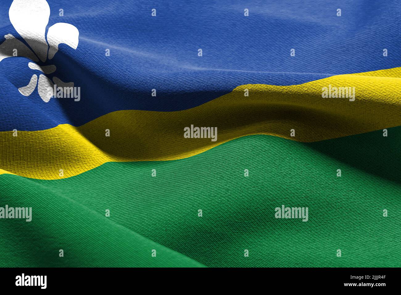 3D illustration flag of Flevoland is a region of Netherlands. Waving on the wind flag textile ...
