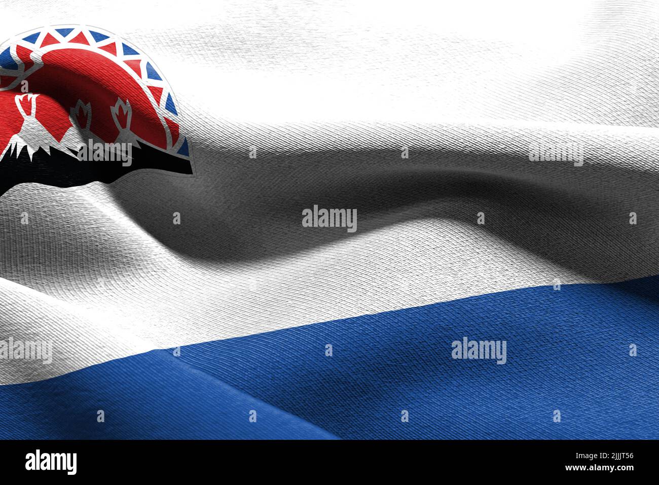 3D illustration flag of Kamchatka Krai is a region of Russia. Waving on ...