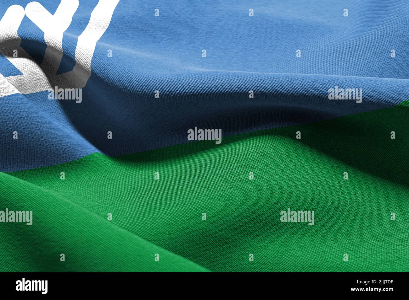 3D illustration flag of Khanty-Mansi is a region of Russia. Waving on ...