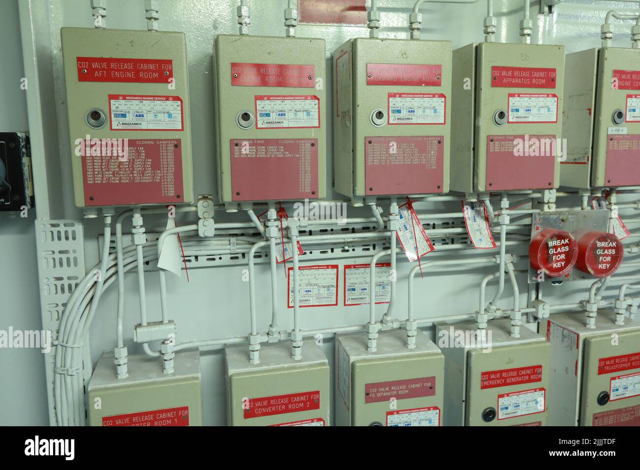 Cruise ship engine room interior with water tight doors electrical and ...