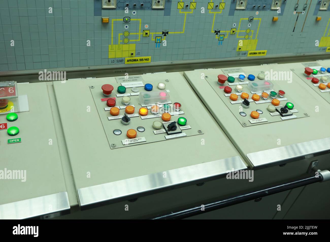 ship engine room dashboard with plenty of bottoms, indicators, small ...