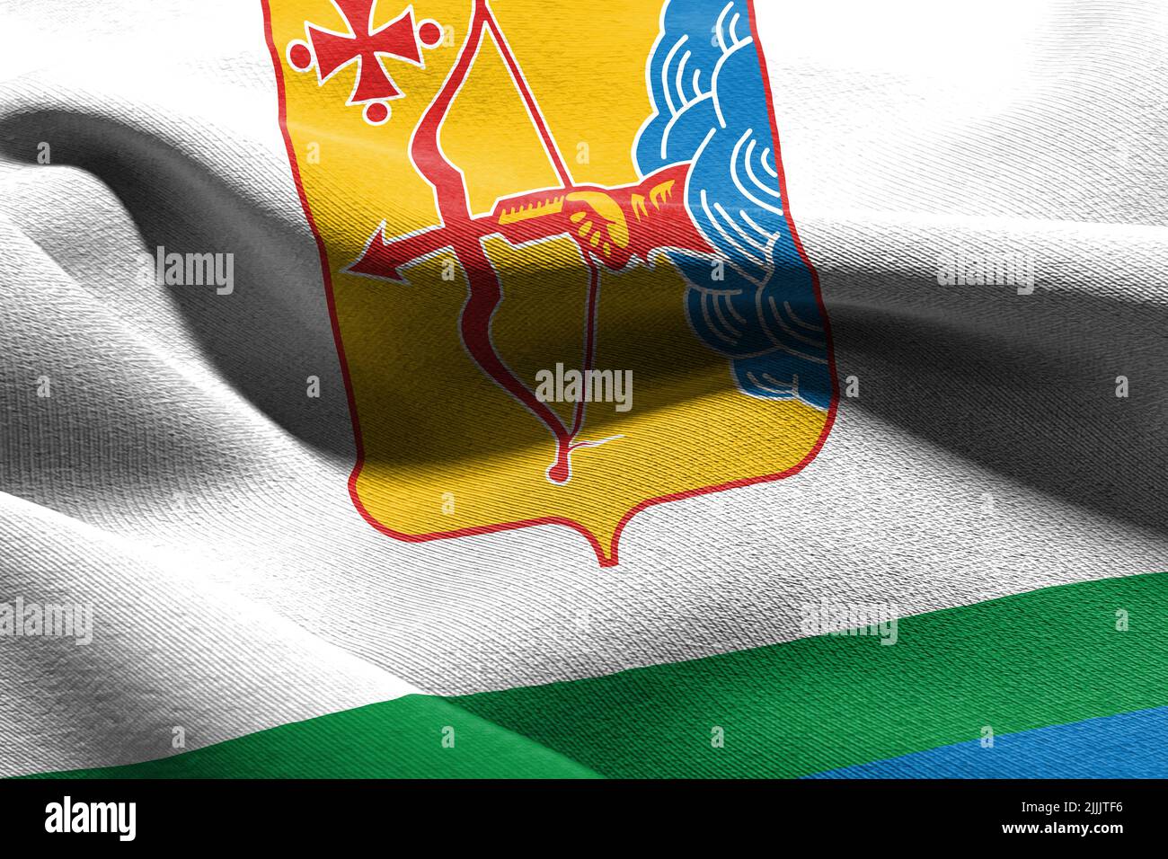 3D illustration flag of Kirov Oblast is a region of Russia. Waving on ...