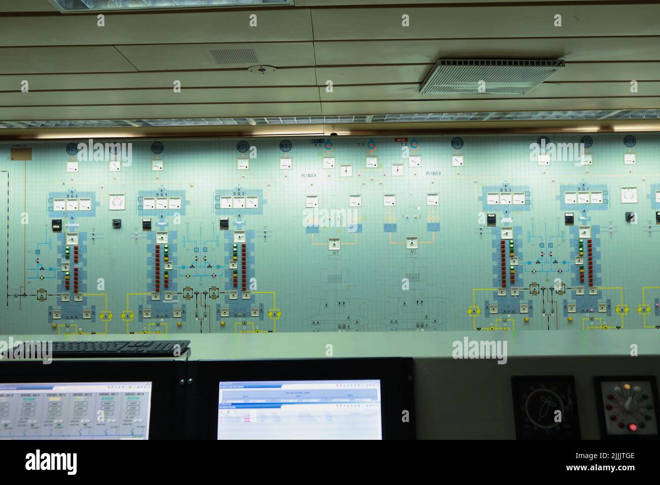 ship engine room dashboard with plenty of bottoms, indicators, small ...