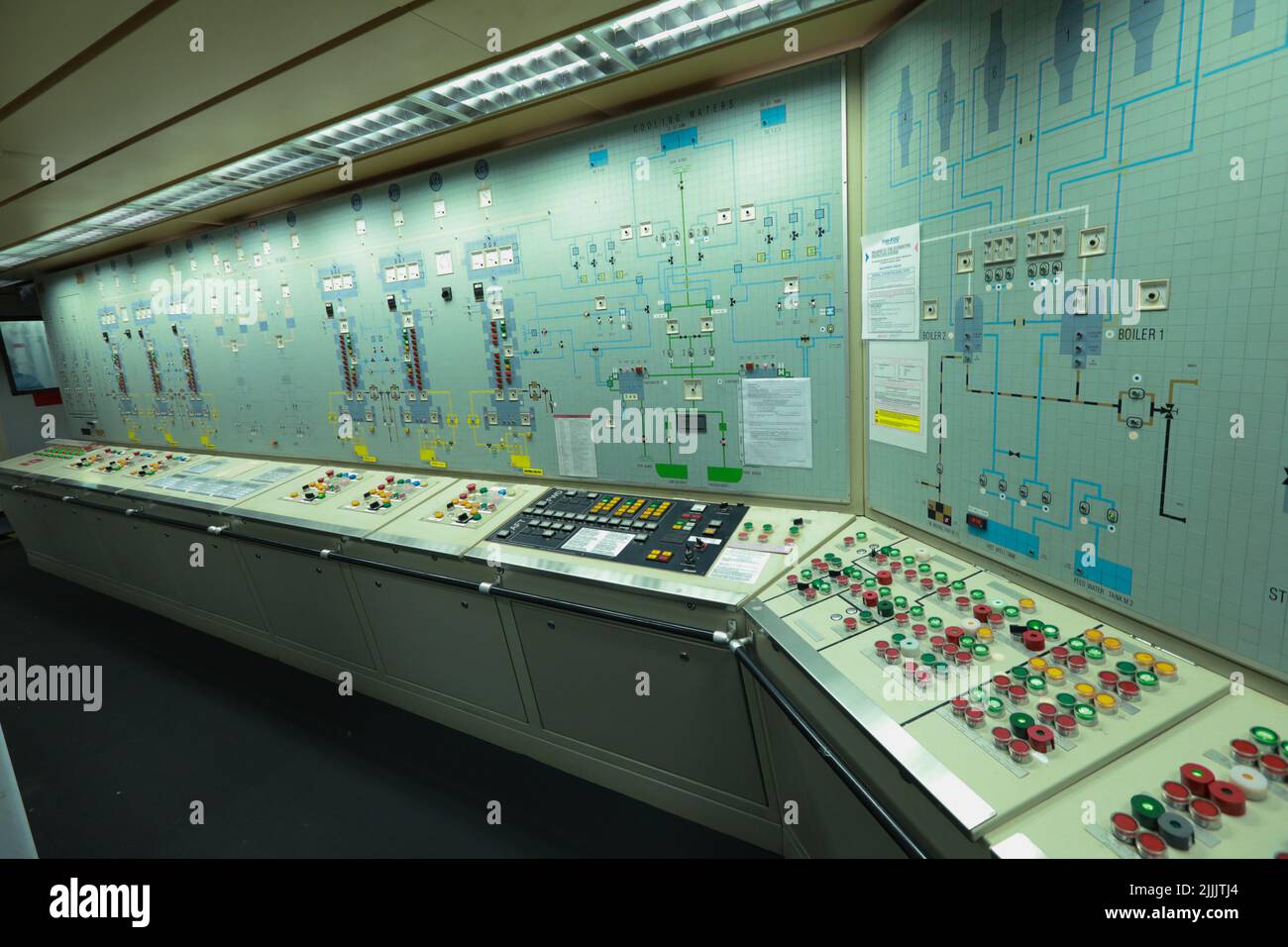 ship engine room dashboard with plenty of bottoms, indicators, small ...