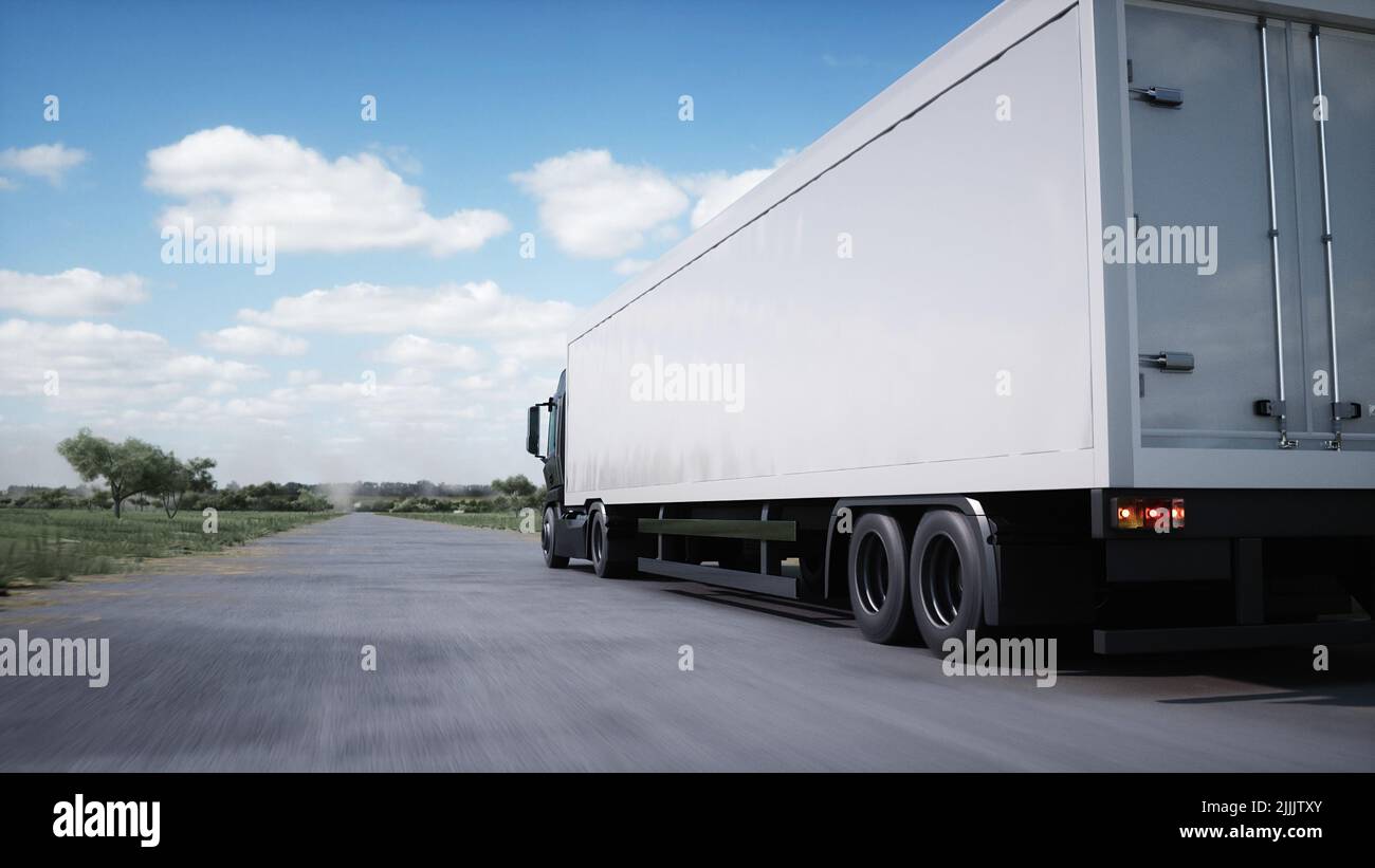 Generic 3d model of truck very fast driving on highway. Logistic ...