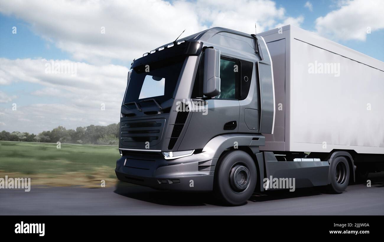 Generic 3d model of truck very fast driving on highway. Logistic ...