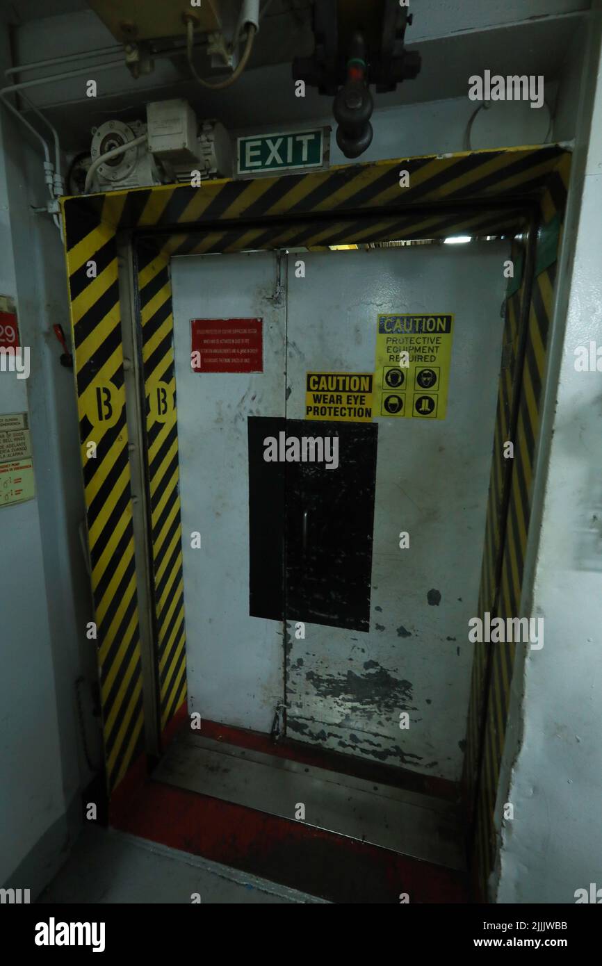 Cruise ship engine room interior with water tight doors electrical and ...