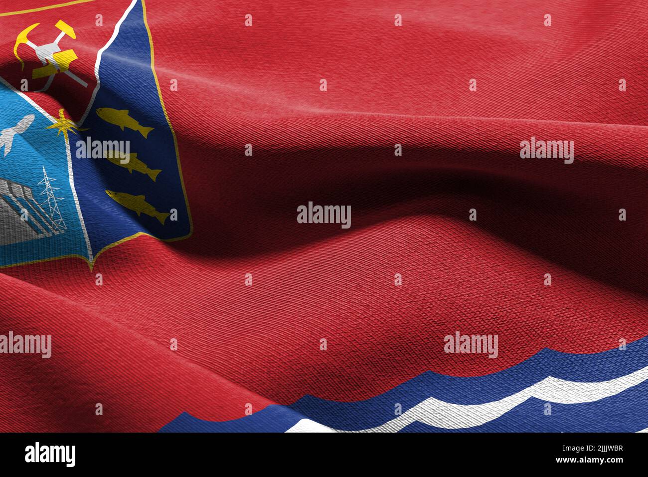 3D illustration flag of Magadan Oblast is a region of Russia. Waving on ...