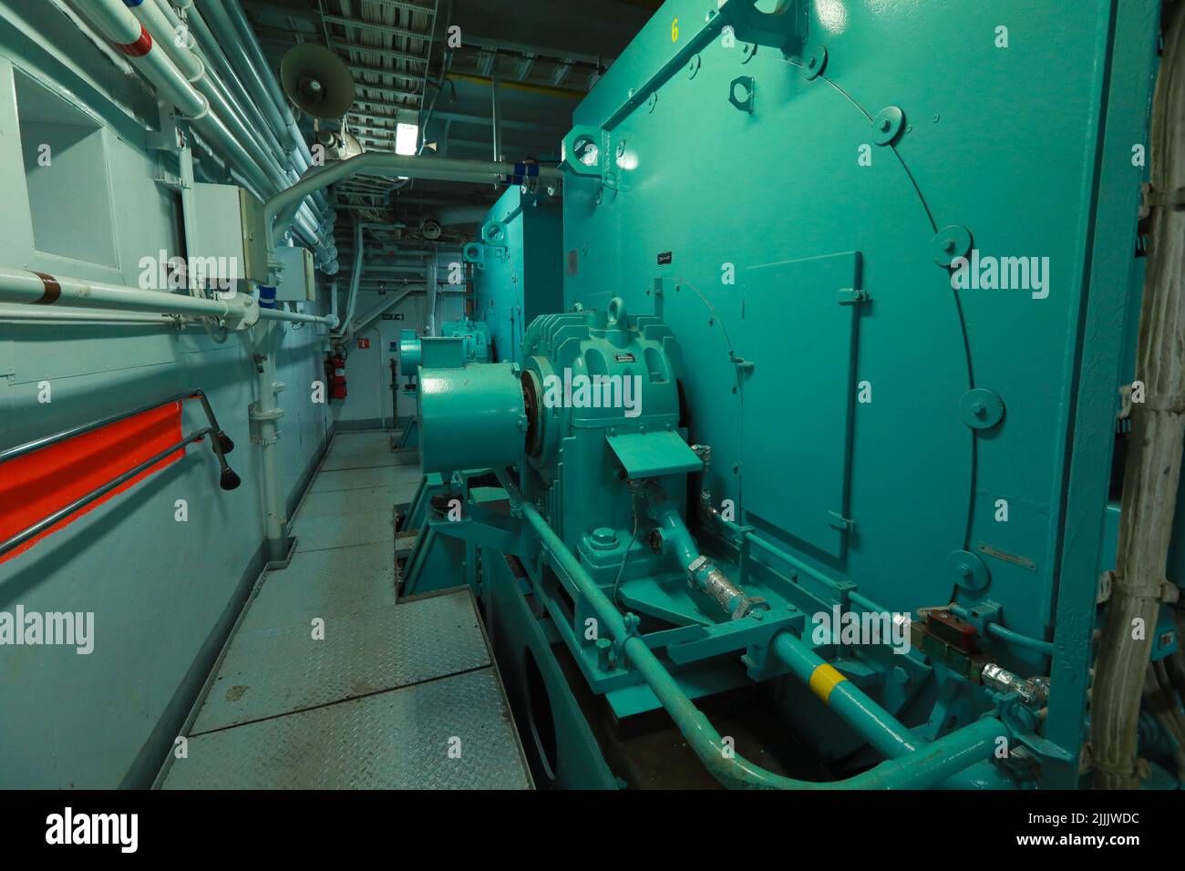 Cruise ship engine room interior with water tight doors electrical and ...