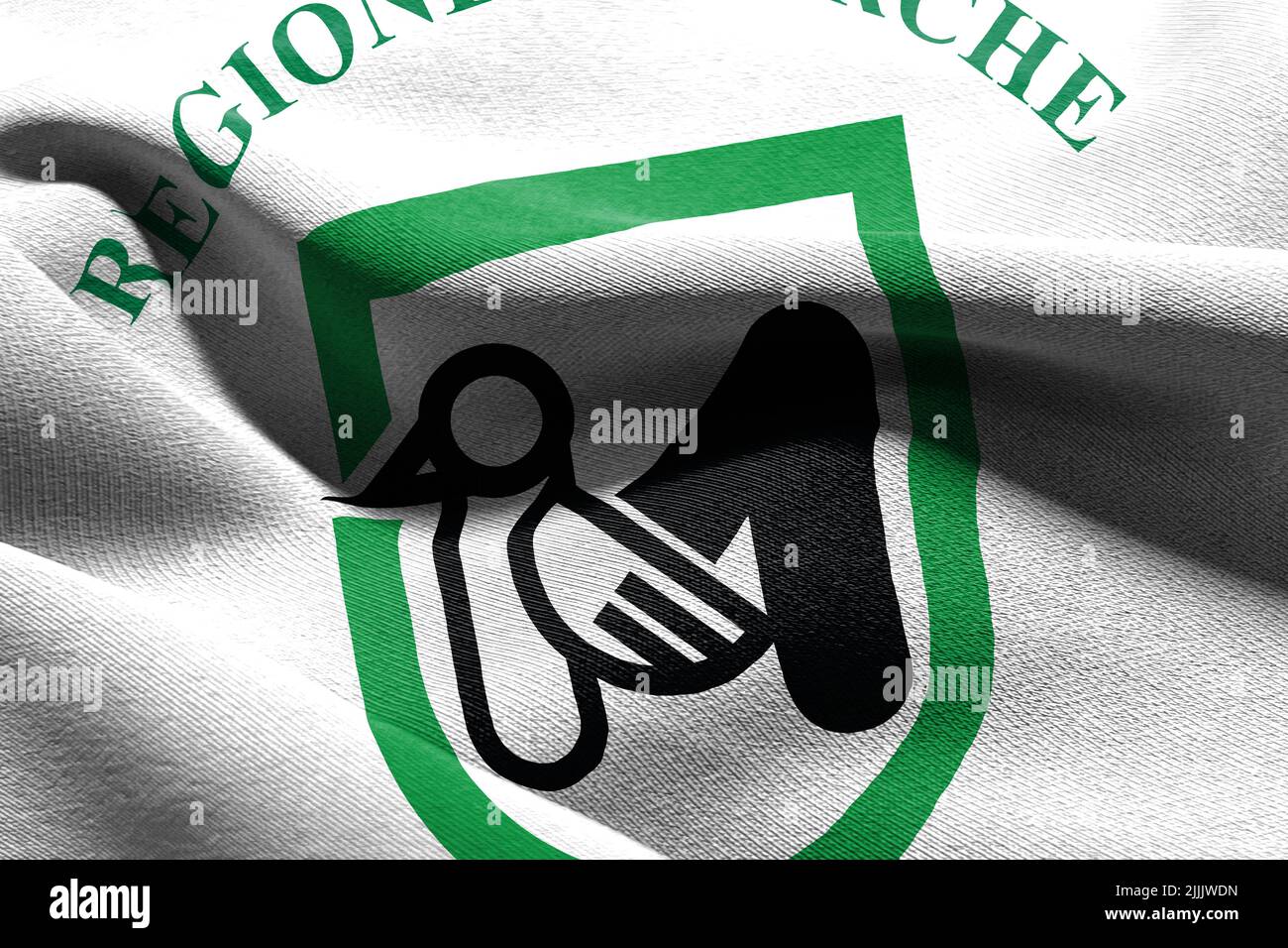 3D illustration flag of Marche is a region of Italy. Waving on the wind ...
