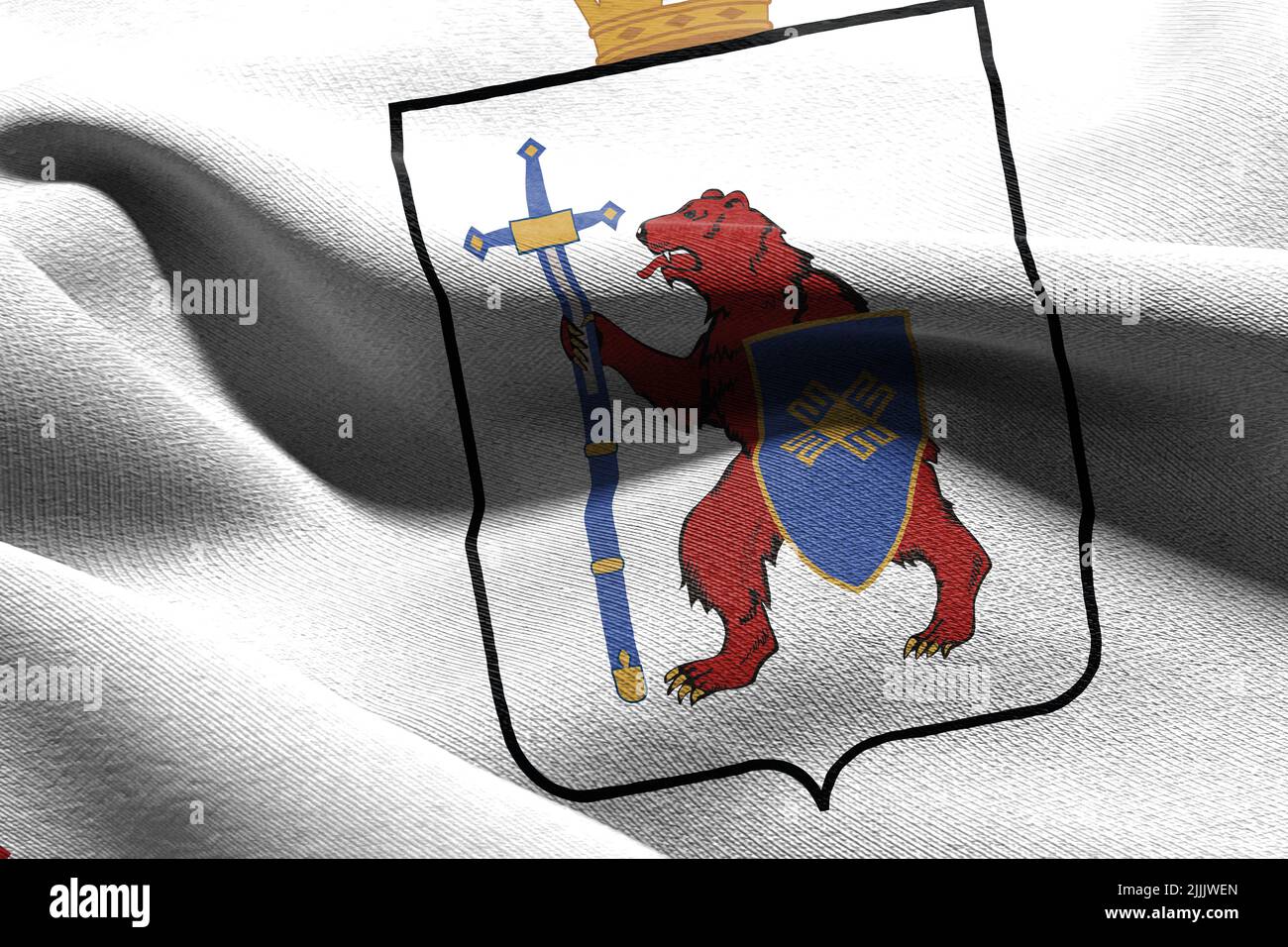 3D illustration flag of Mari El is a region of Russia. Waving on the ...