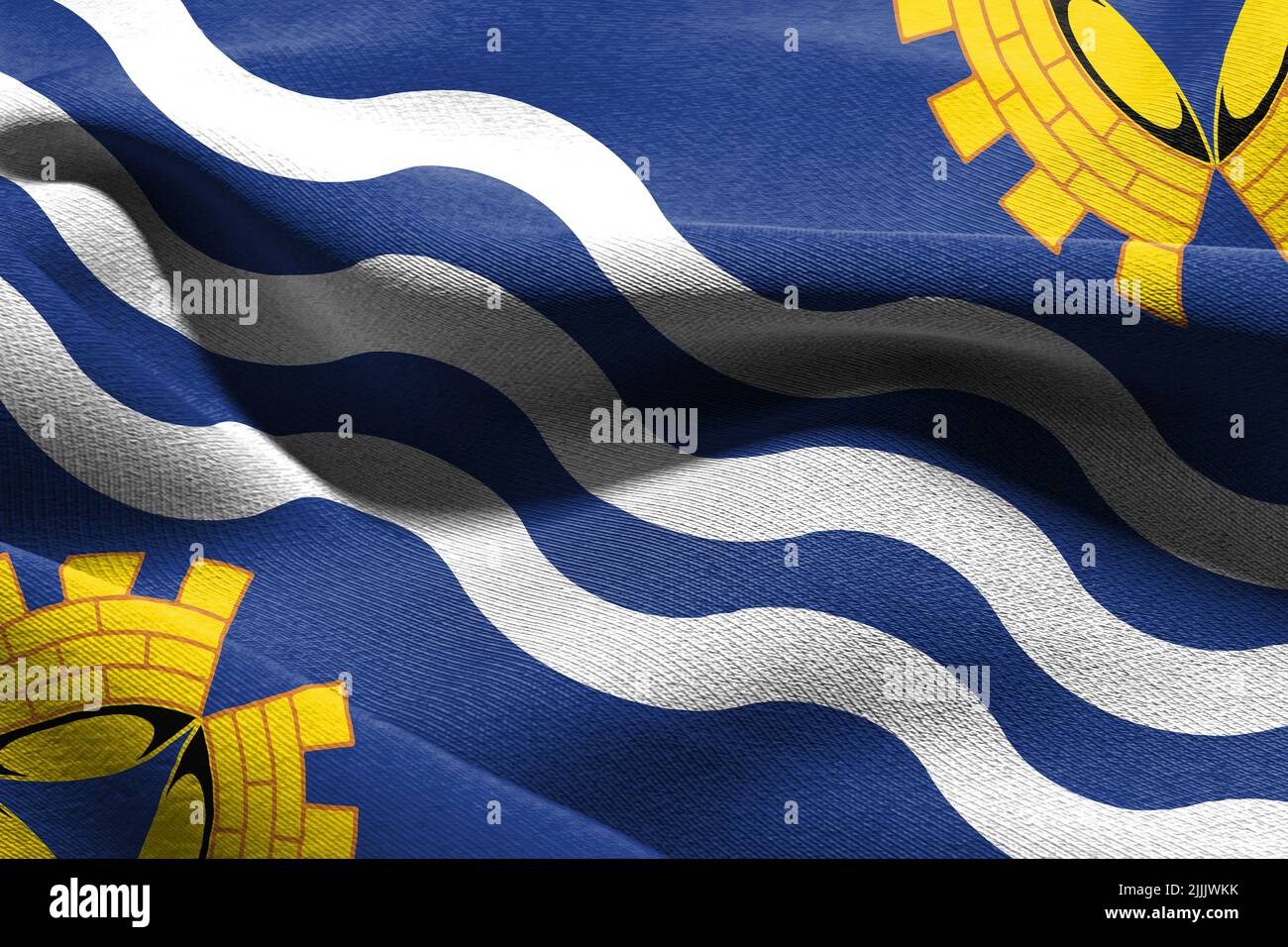 3D illustration flag of Merseyside is a region of England. Waving on ...