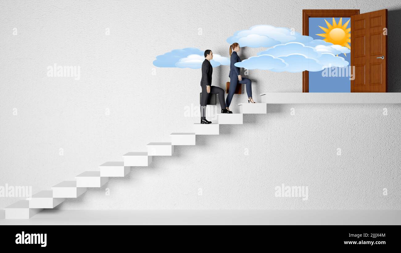 3d illustration. Business man and woman climb the ladder of success in ...