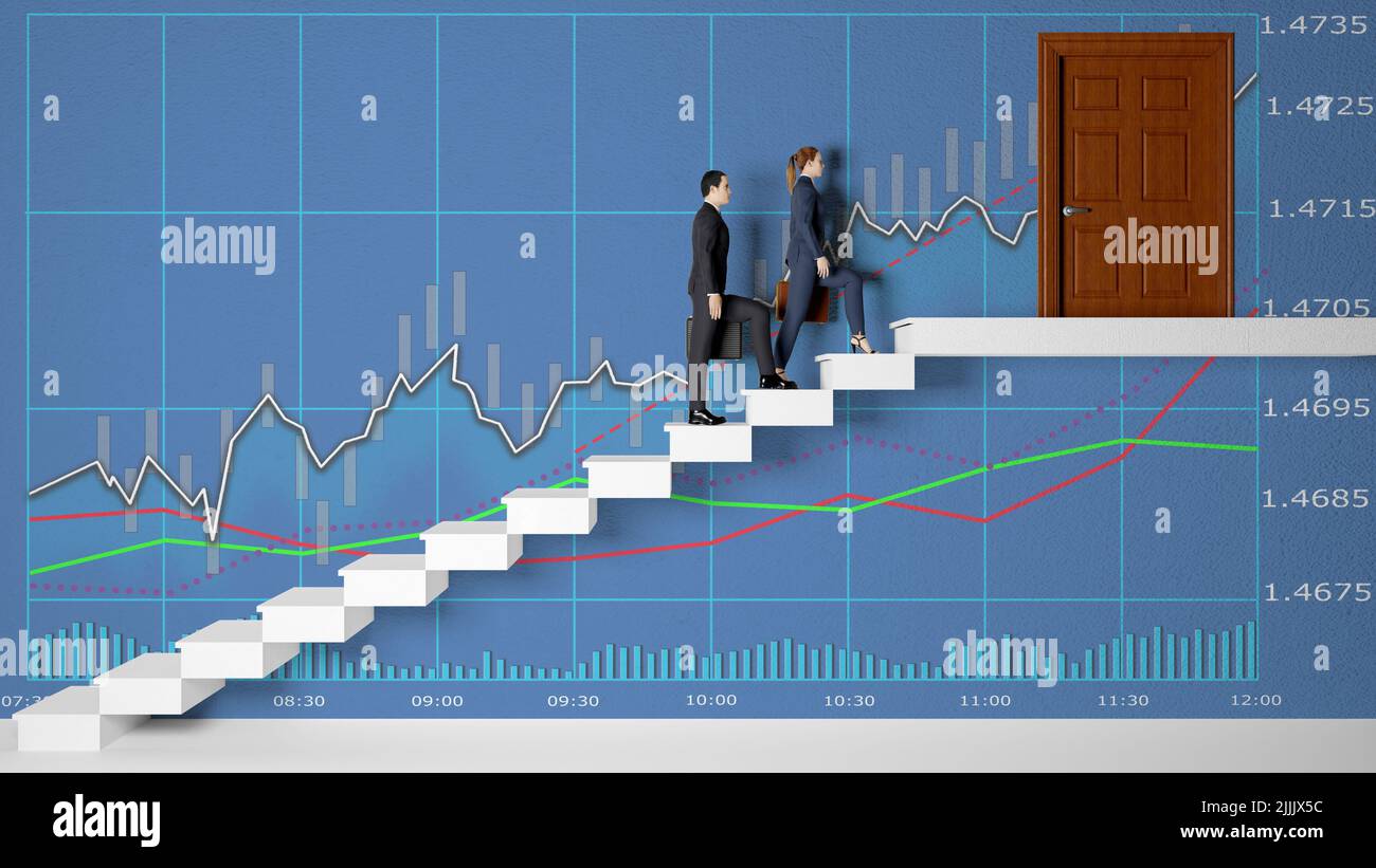 3d illustration. Business man and woman climb the ladder of success in ...