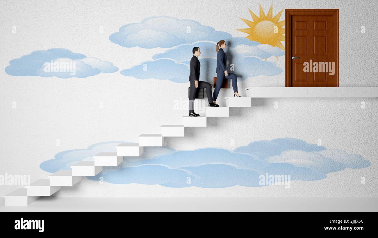 3d illustration. Business man and woman climb the ladder of success in ...