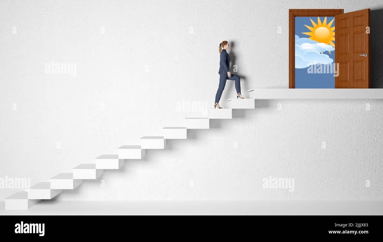 3d illustration. Future, architecture, staircase. Woman climbs the ...