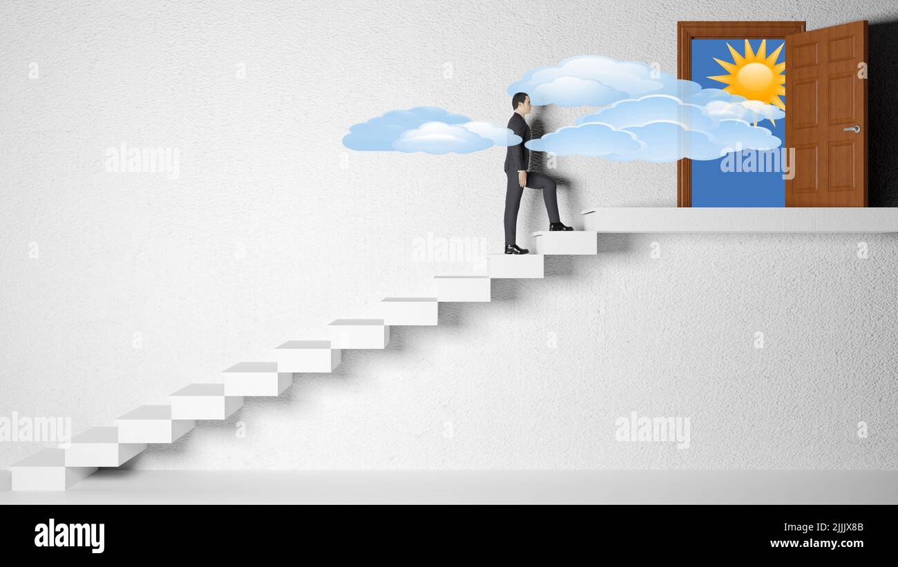 3d illustration. Future, architecture, staircase. Man climbs the ladder ...