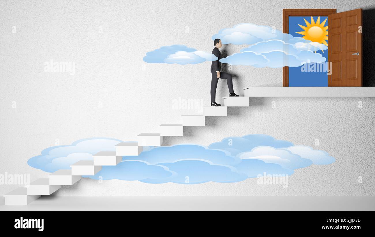 3d illustration. Future, architecture, staircase. Man climbs the ladder ...