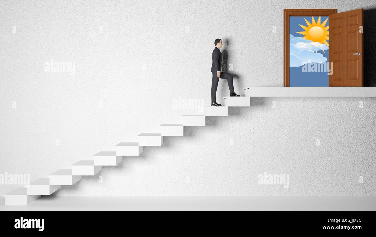 3d illustration. Future, architecture, staircase. Man climbs the ladder ...