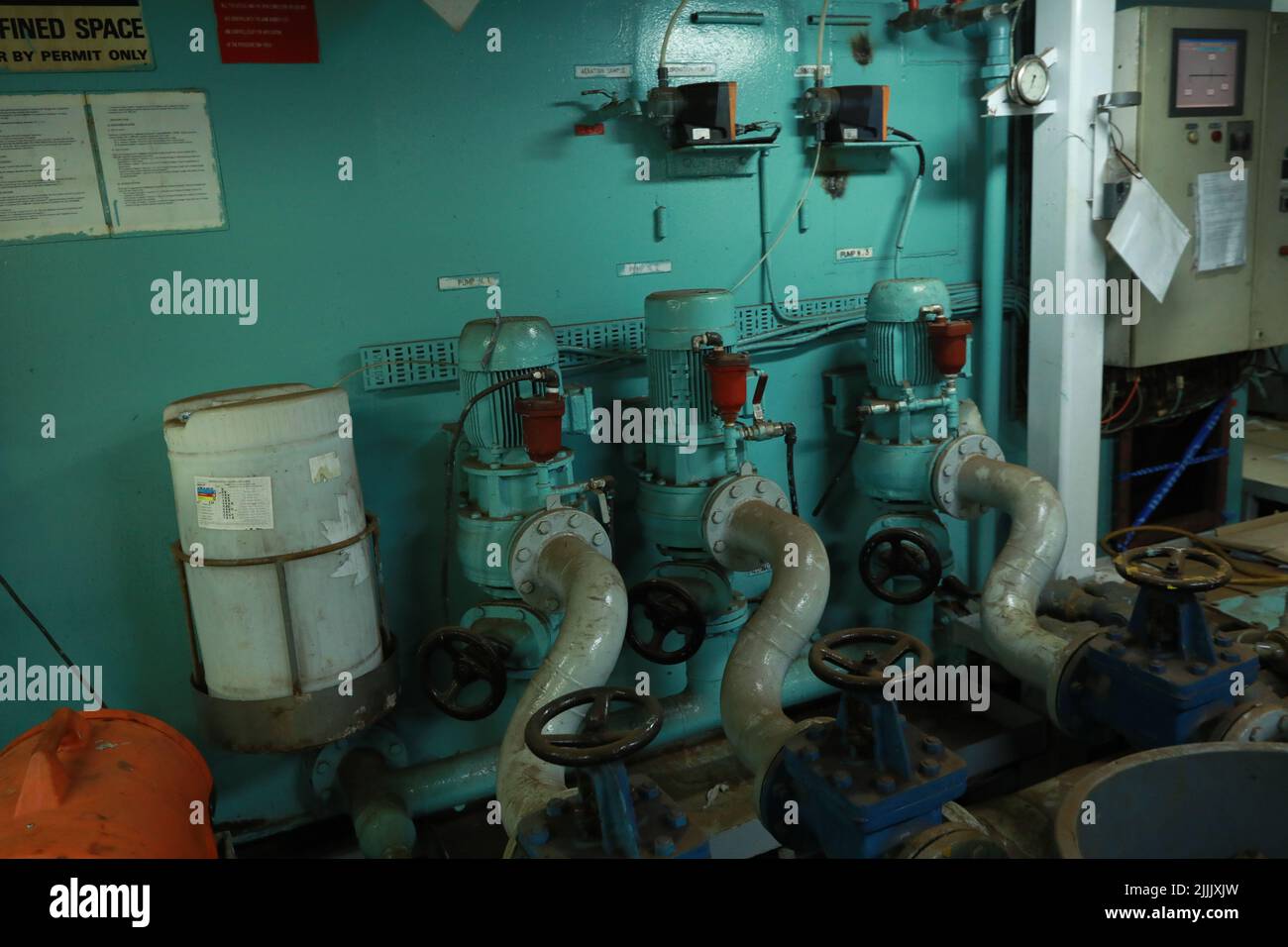 Cruise ship engine room interior with water tight doors electrical and ...