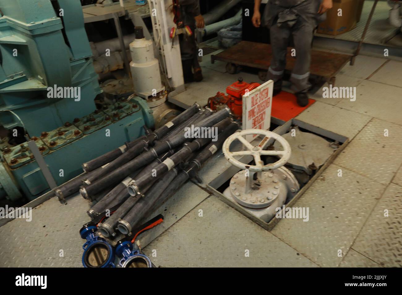 Cruise ship engine room interior with water tight doors electrical and ...