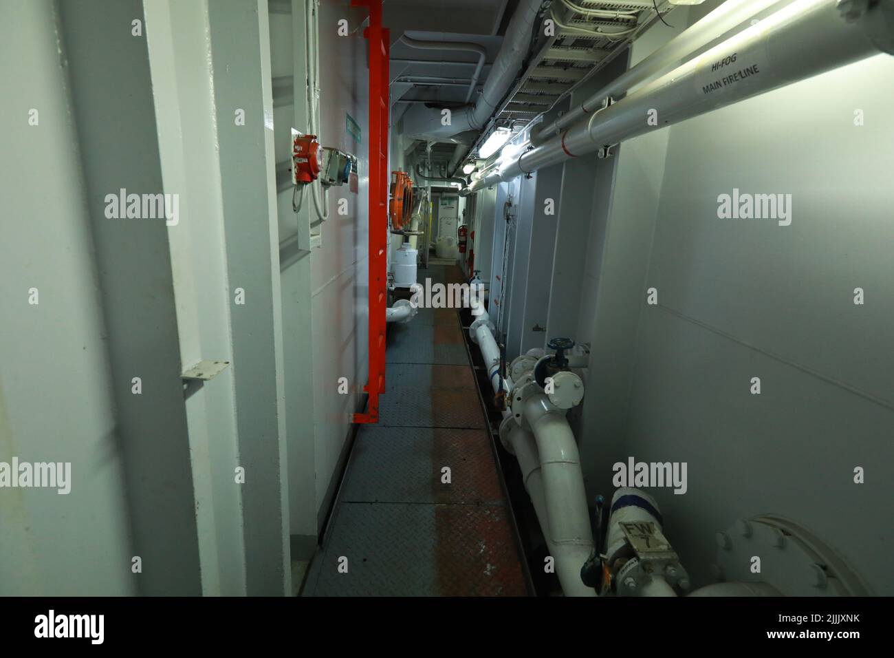 Cruise ship engine room interior with water tight doors electrical and ...