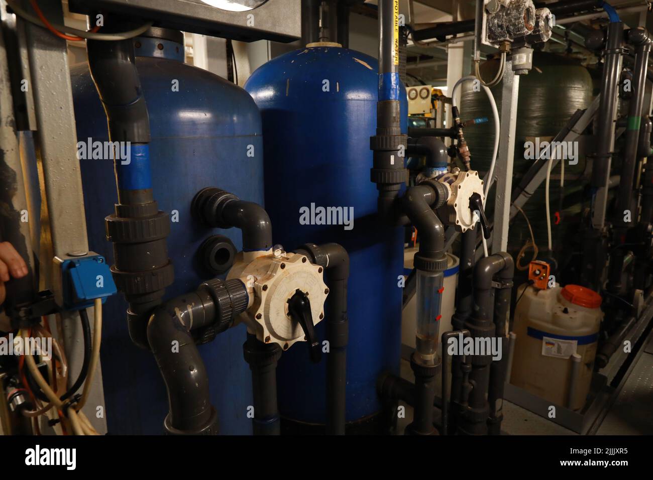Cruise ship engine room interior with water tight doors electrical and ...