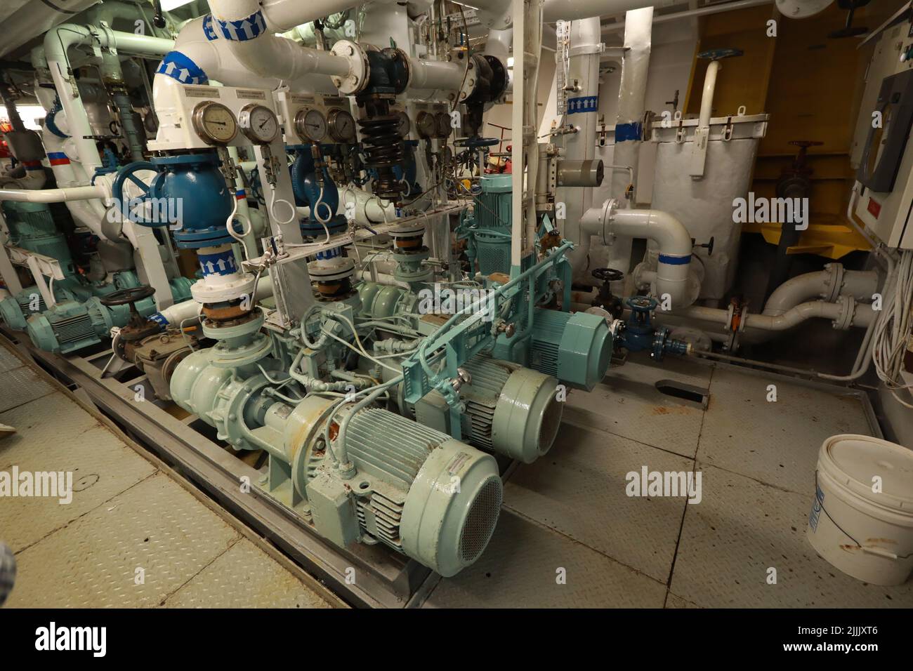 Cruise ship engine room interior with water tight doors electrical and ...