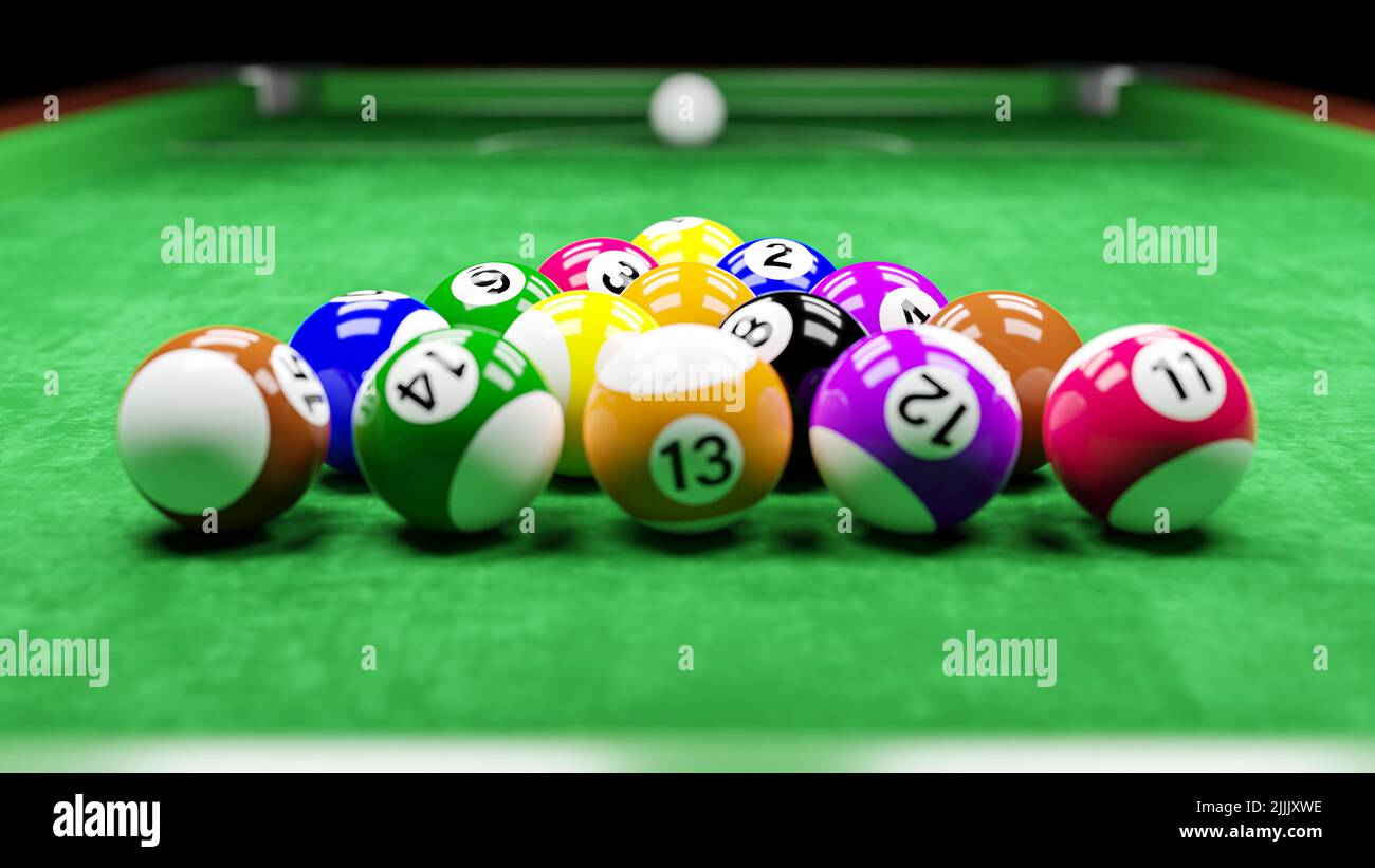Snooker pool table and billiards ball with number 1 to 15 . Velvet ...