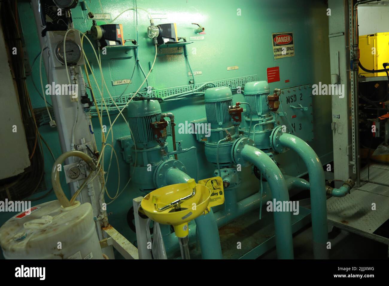 Cruise ship engine room interior with water tight doors electrical and ...