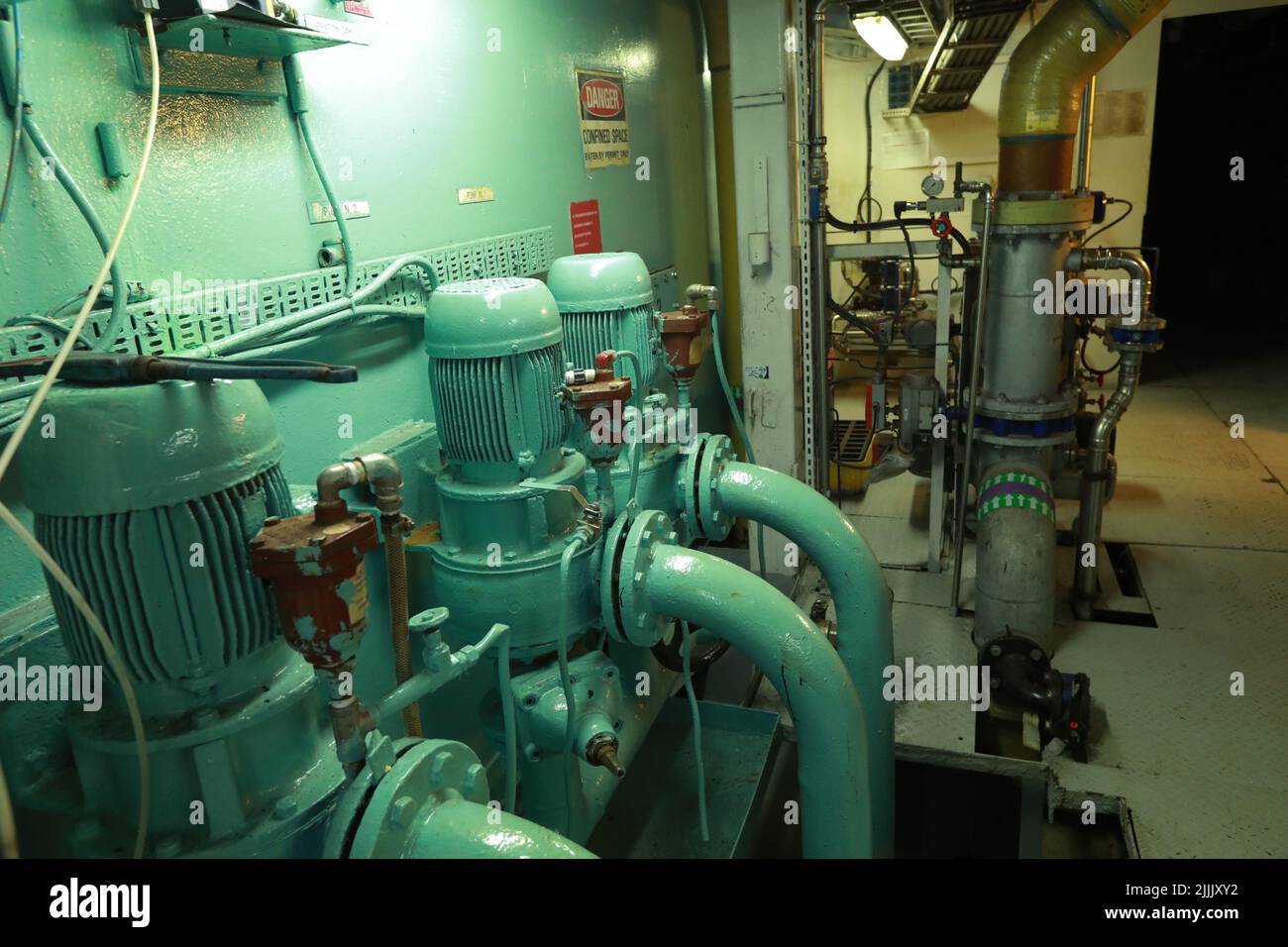 Cruise ship engine room interior with water tight doors electrical and ...
