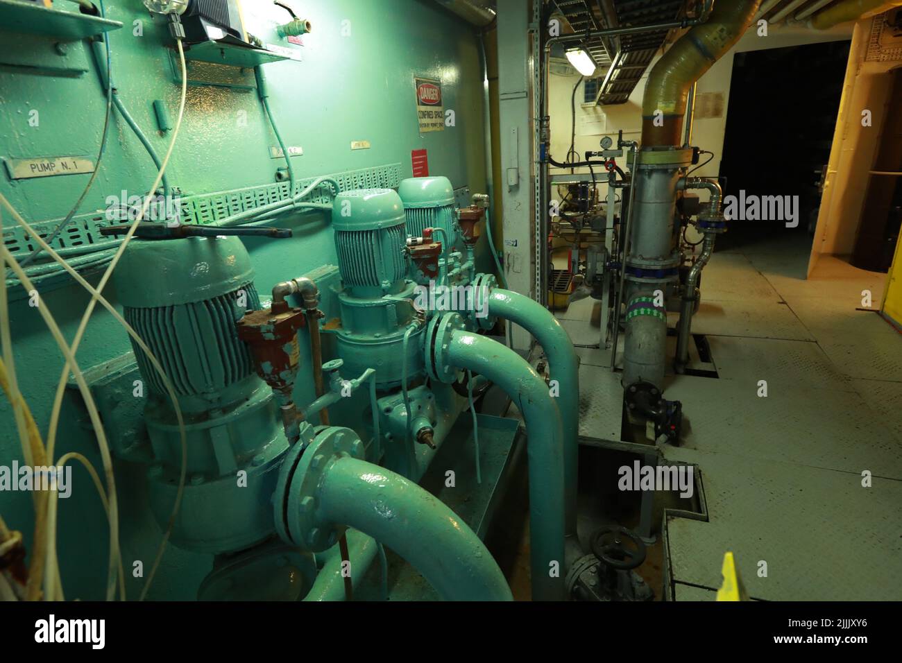 Cruise ship engine room interior with water tight doors electrical and ...
