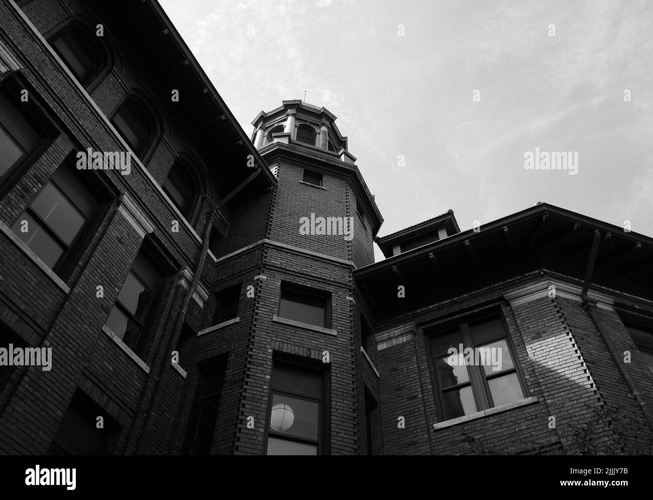 The low-angle grayscale of an old brick-built building with the sky in ...