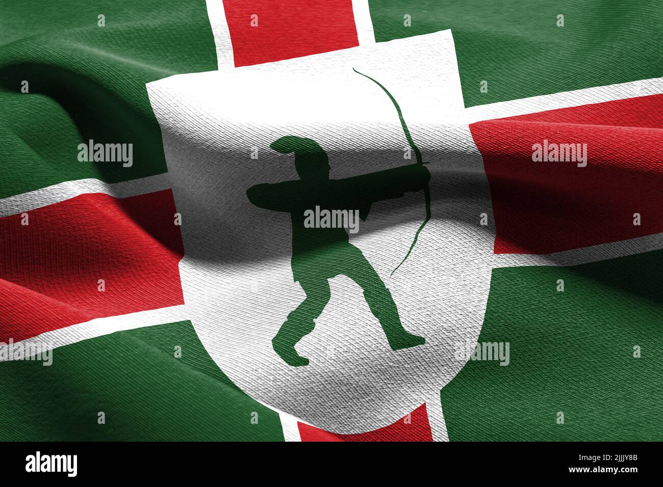 3D illustration flag of Nottinghamshire is a region of England. Waving ...