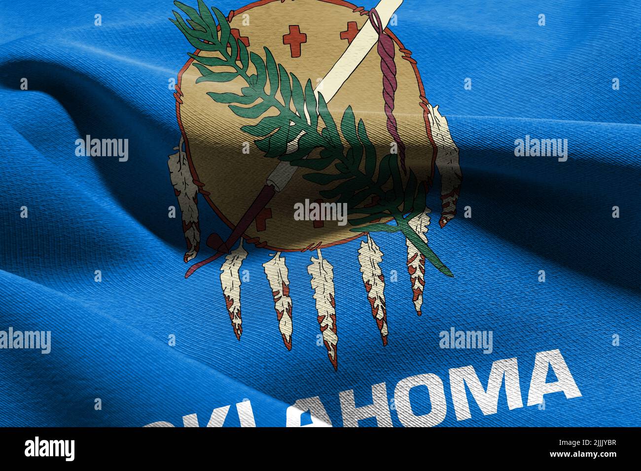 3D illustration flag of Oklahoma is a state of United States. Waving on ...