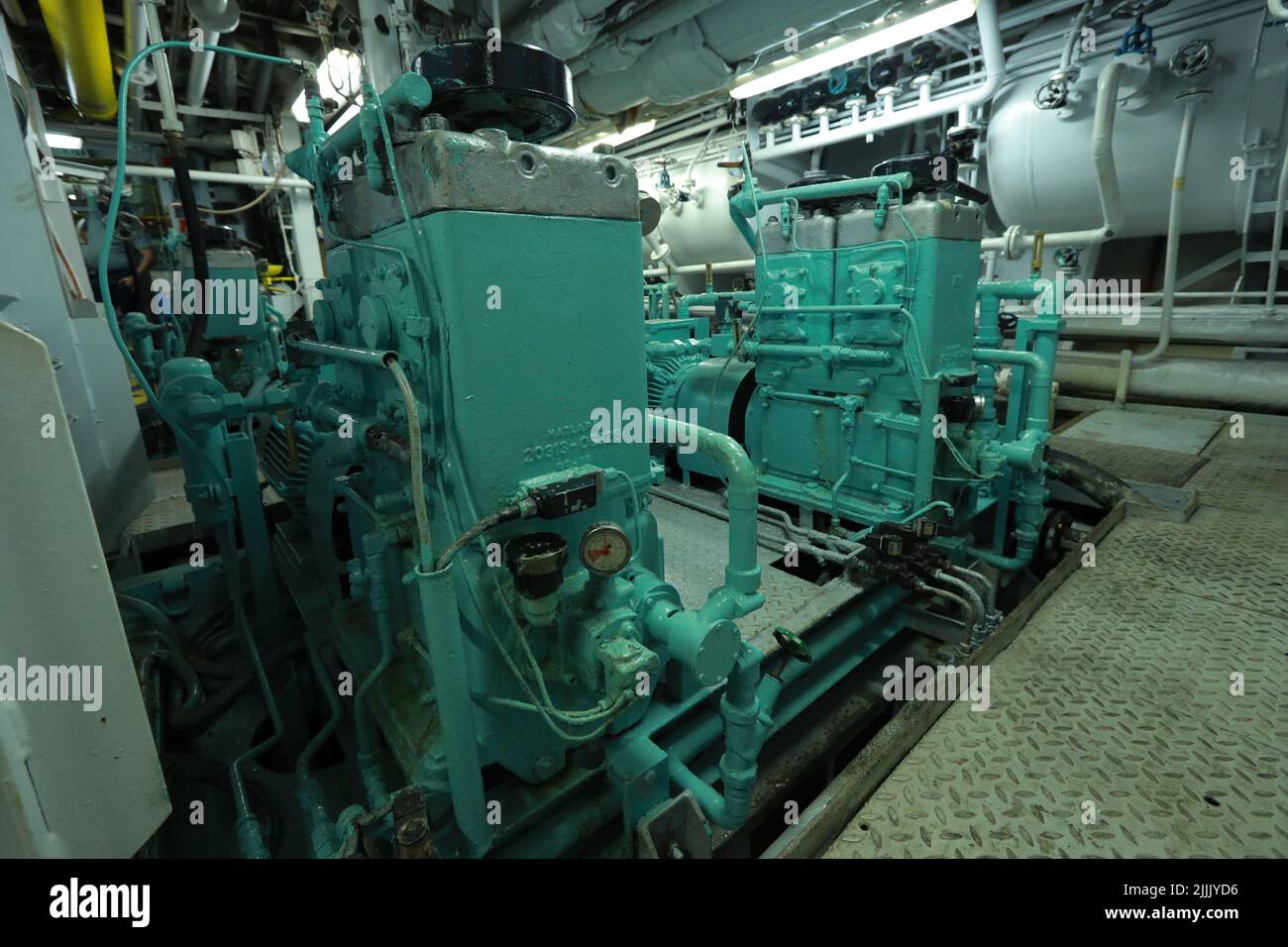 Cruise ship engine room interior with water tight doors electrical and ...