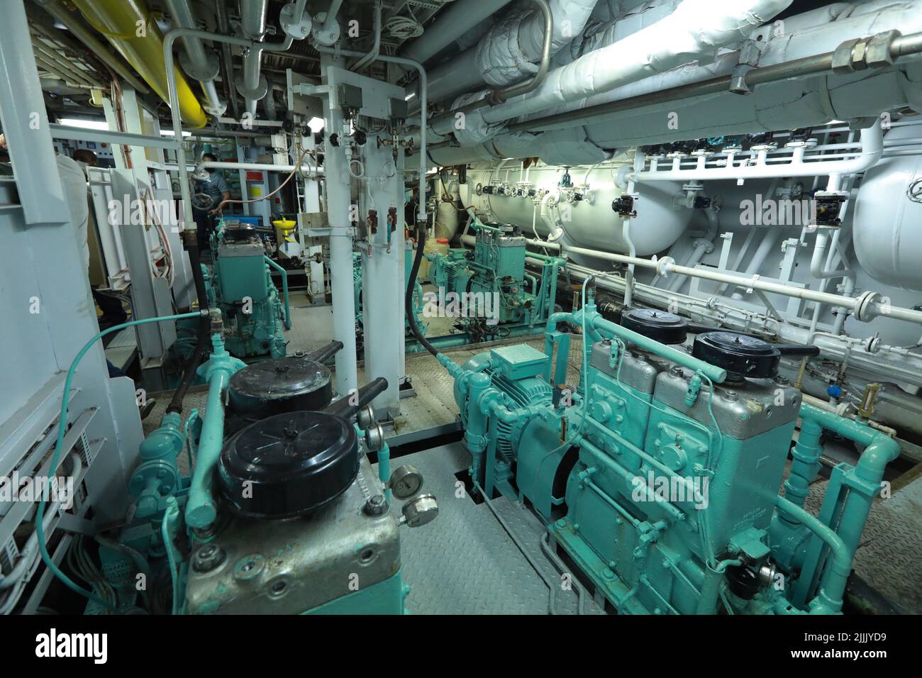 Cruise ship engine room interior with water tight doors electrical and ...
