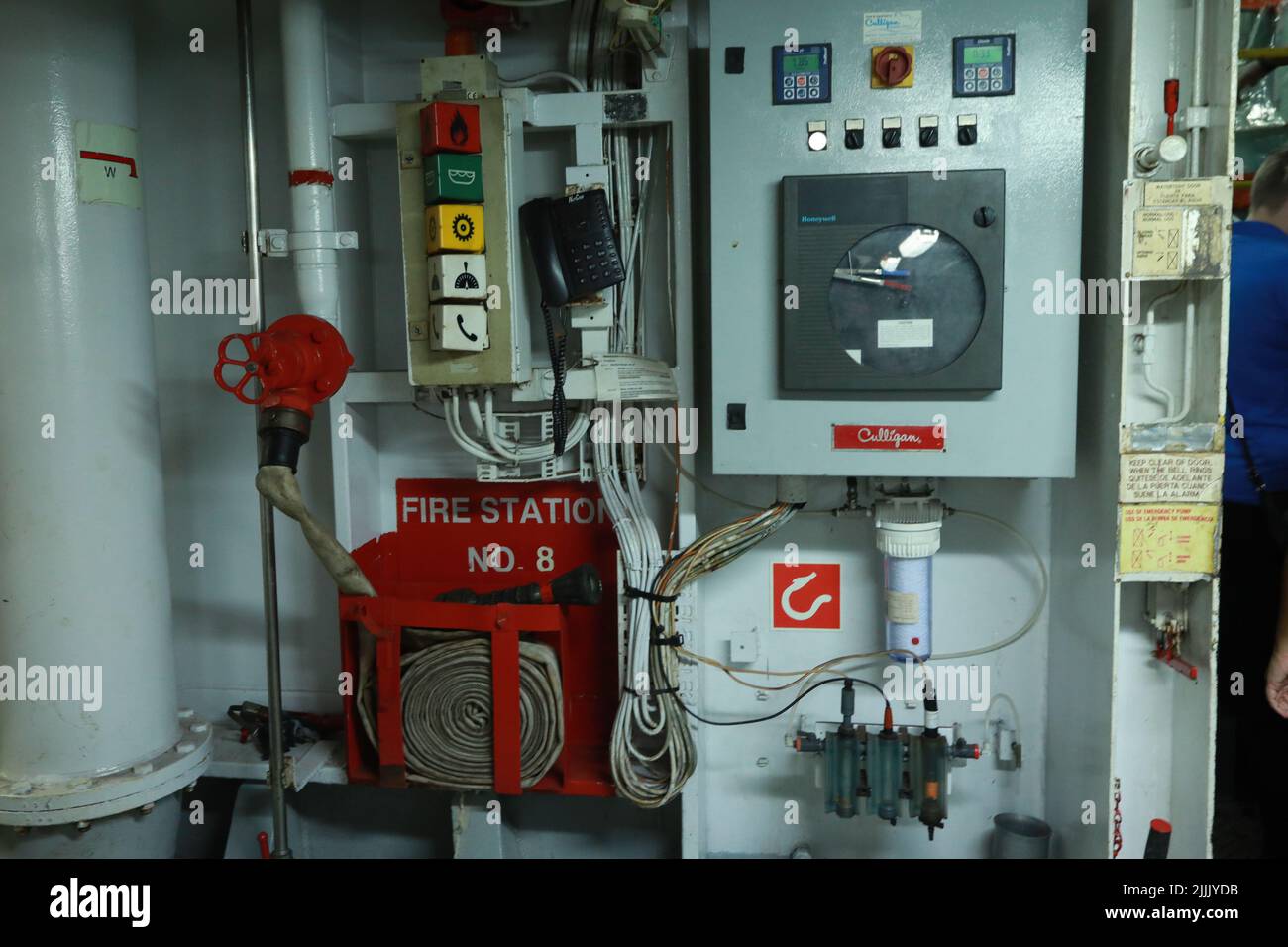 Cruise ship engine room interior with water tight doors electrical and ...