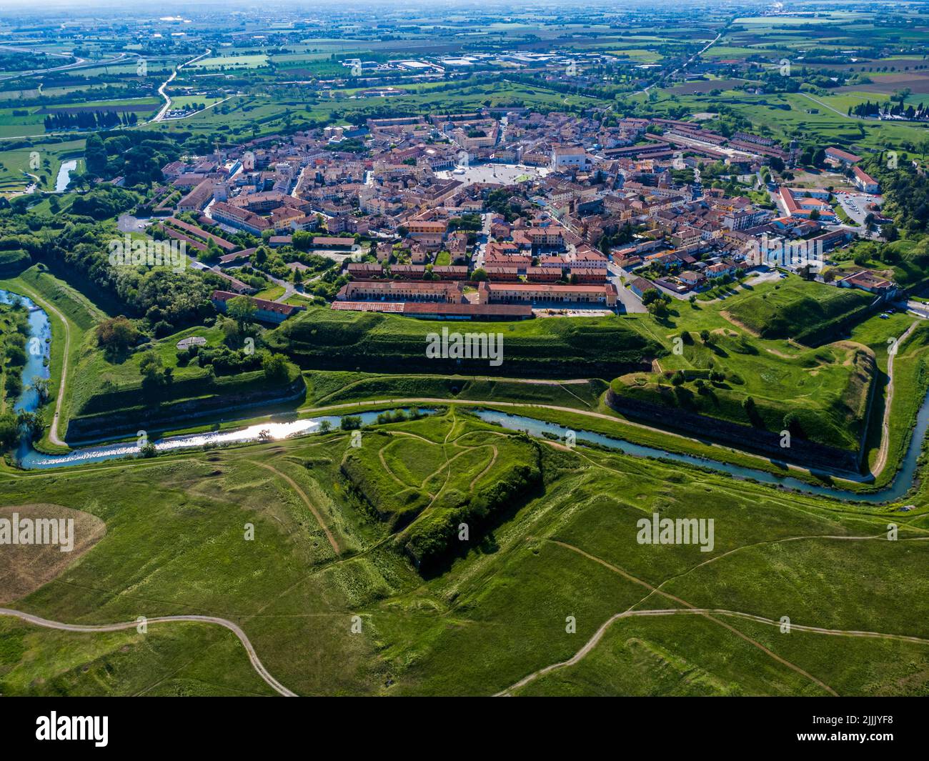 Bird's-eye view of the ancient star-shaped fortified city of Palmanova ...