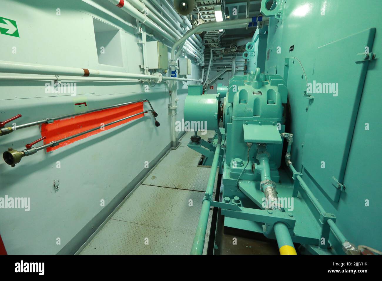 Cruise ship engine room interior with water tight doors electrical and ...