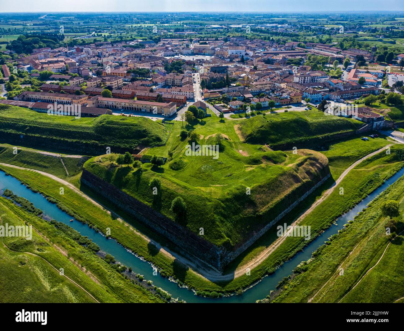 Bird's-eye view of the ancient star-shaped fortified city of Palmanova ...