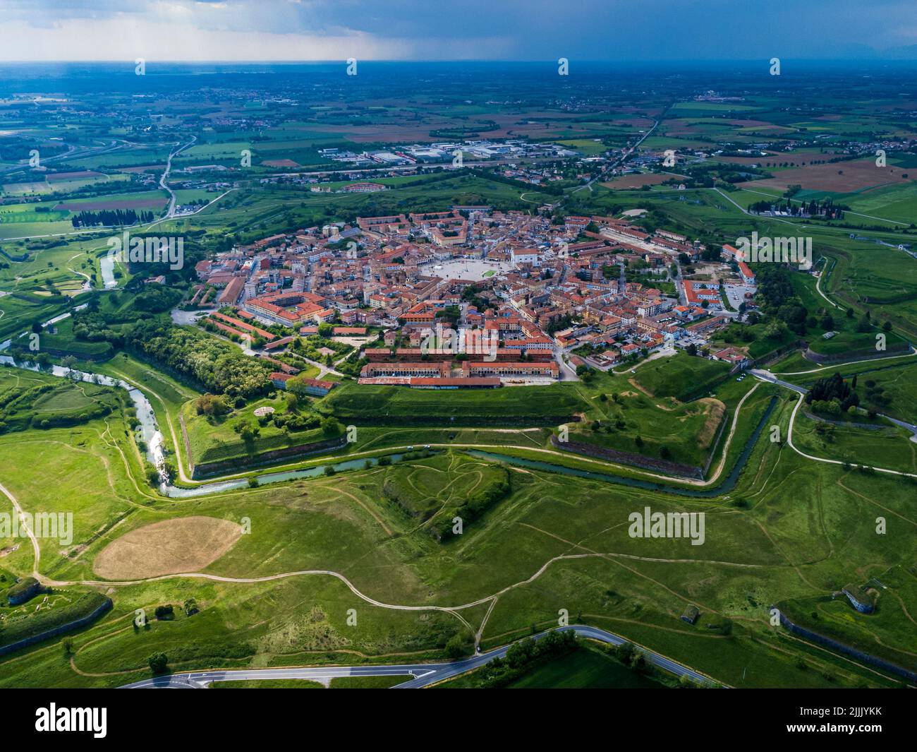 Bird's-eye view of the ancient star-shaped fortified city of Palmanova ...
