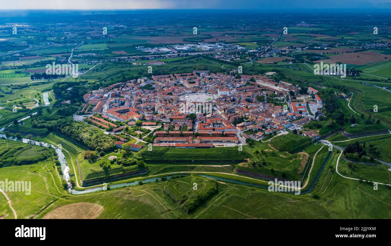 Bird's-eye view of the ancient star-shaped fortified city of Palmanova ...