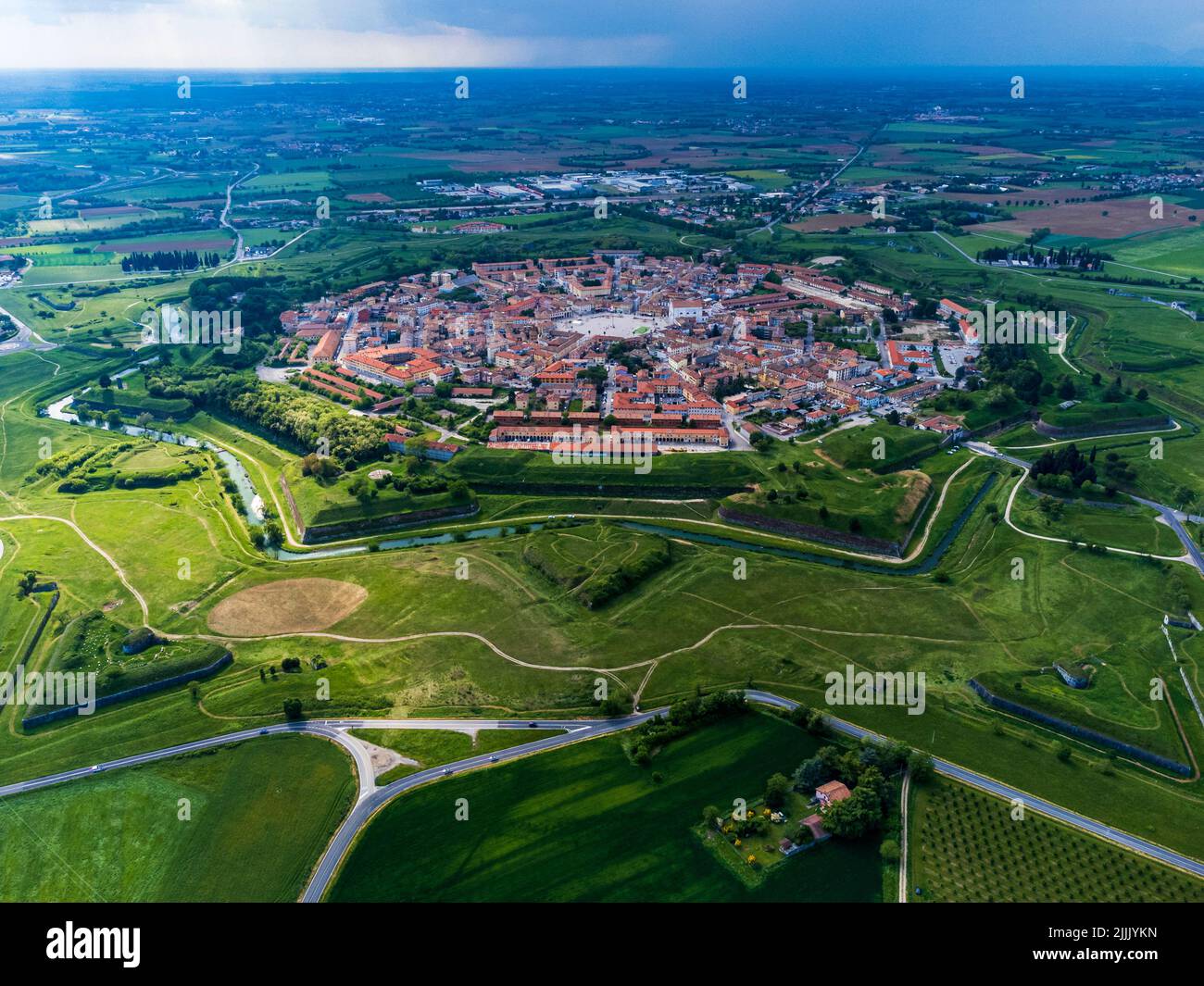 Bird's-eye view of the ancient star-shaped fortified city of Palmanova ...