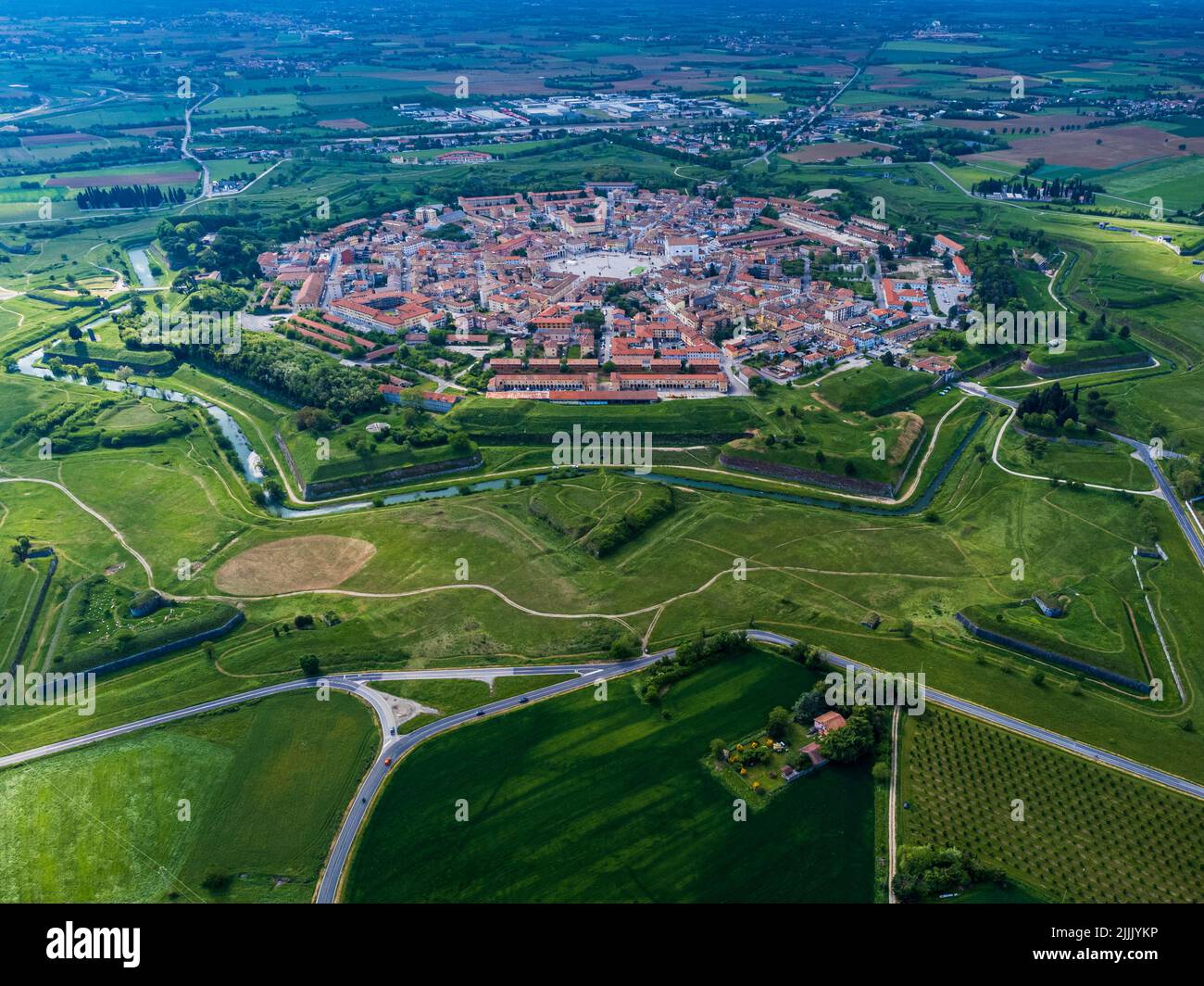 Bird's-eye view of the ancient star-shaped fortified city of Palmanova ...