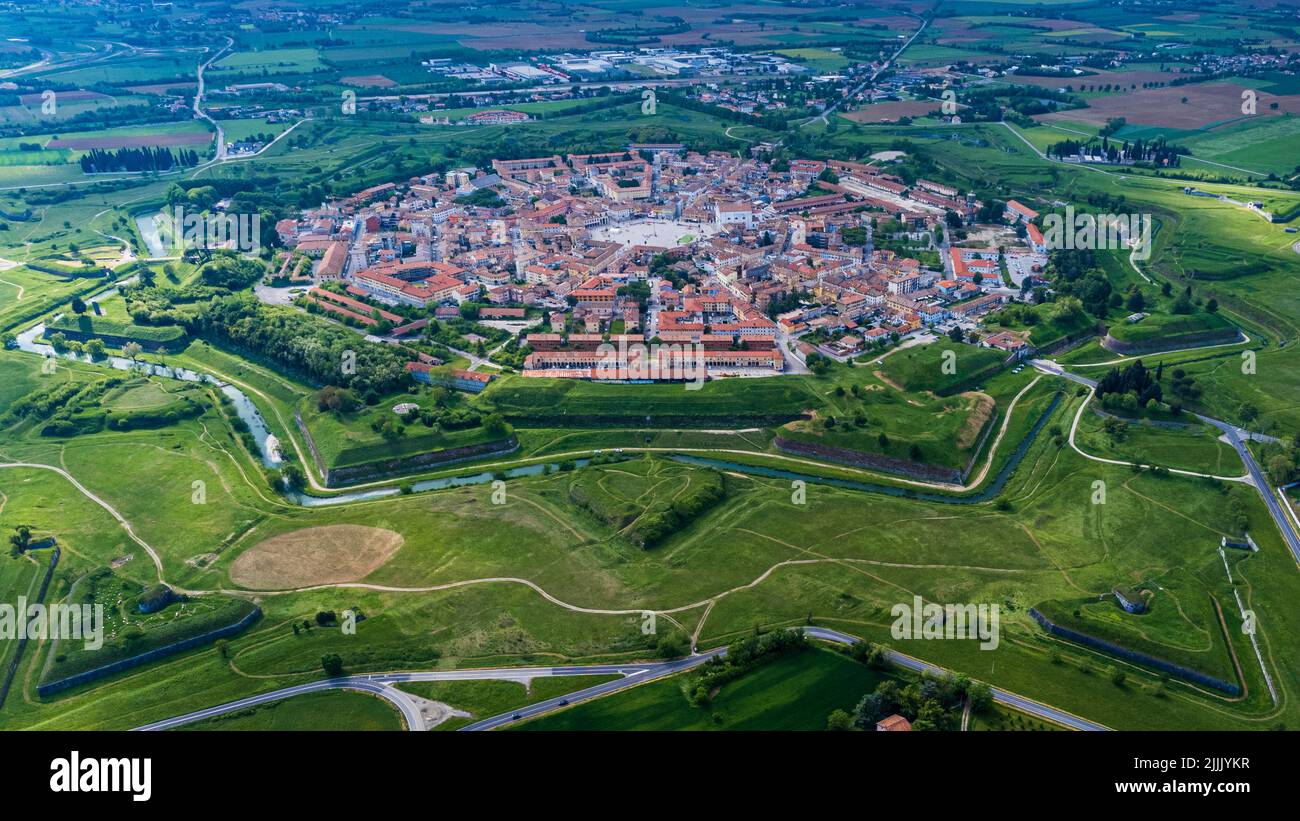 Bird's-eye view of the ancient star-shaped fortified city of Palmanova ...