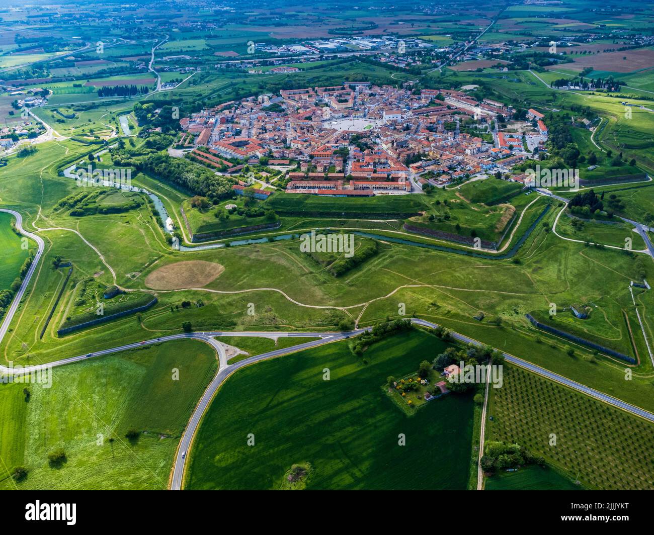 Bird's-eye view of the ancient star-shaped fortified city of Palmanova ...