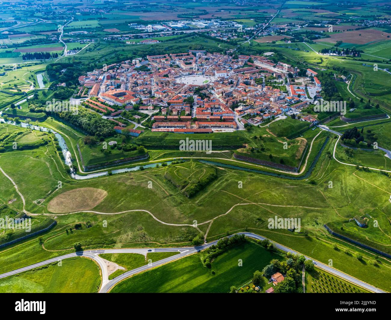 Bird's-eye view of the ancient star-shaped fortified city of Palmanova ...